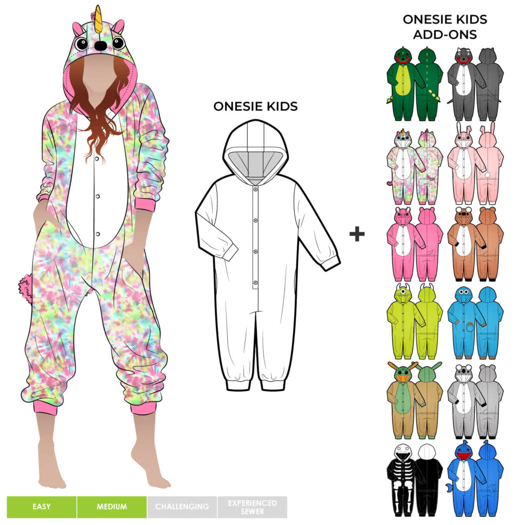 Onesie Kids + Onesie Kids Add Ons Bundle Multi-Size – Sewing Pattern Outfits – Style Arc